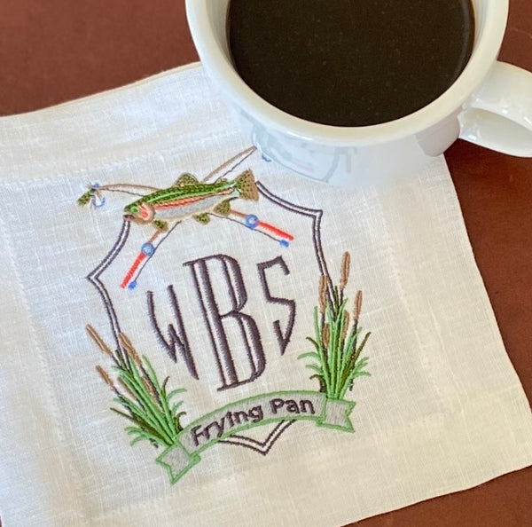 Angler Trout Crest Embroidery Design - Garden Folly Fine Linens