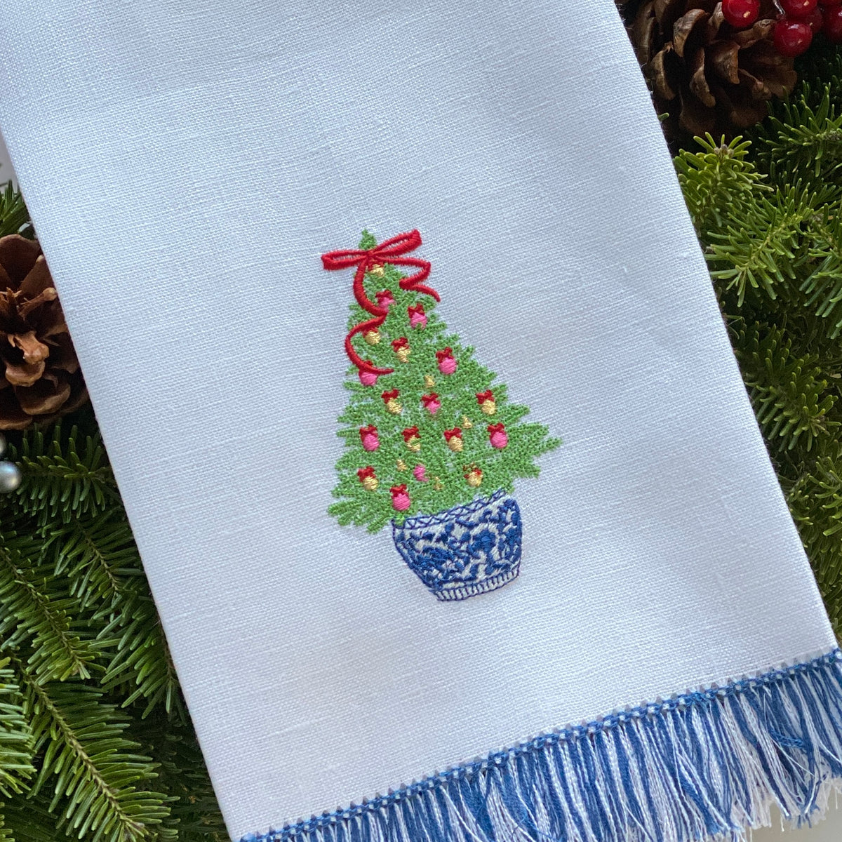 Chinoiserie Christmas Tree Embroidery Design - Garden Folly Fine Linens